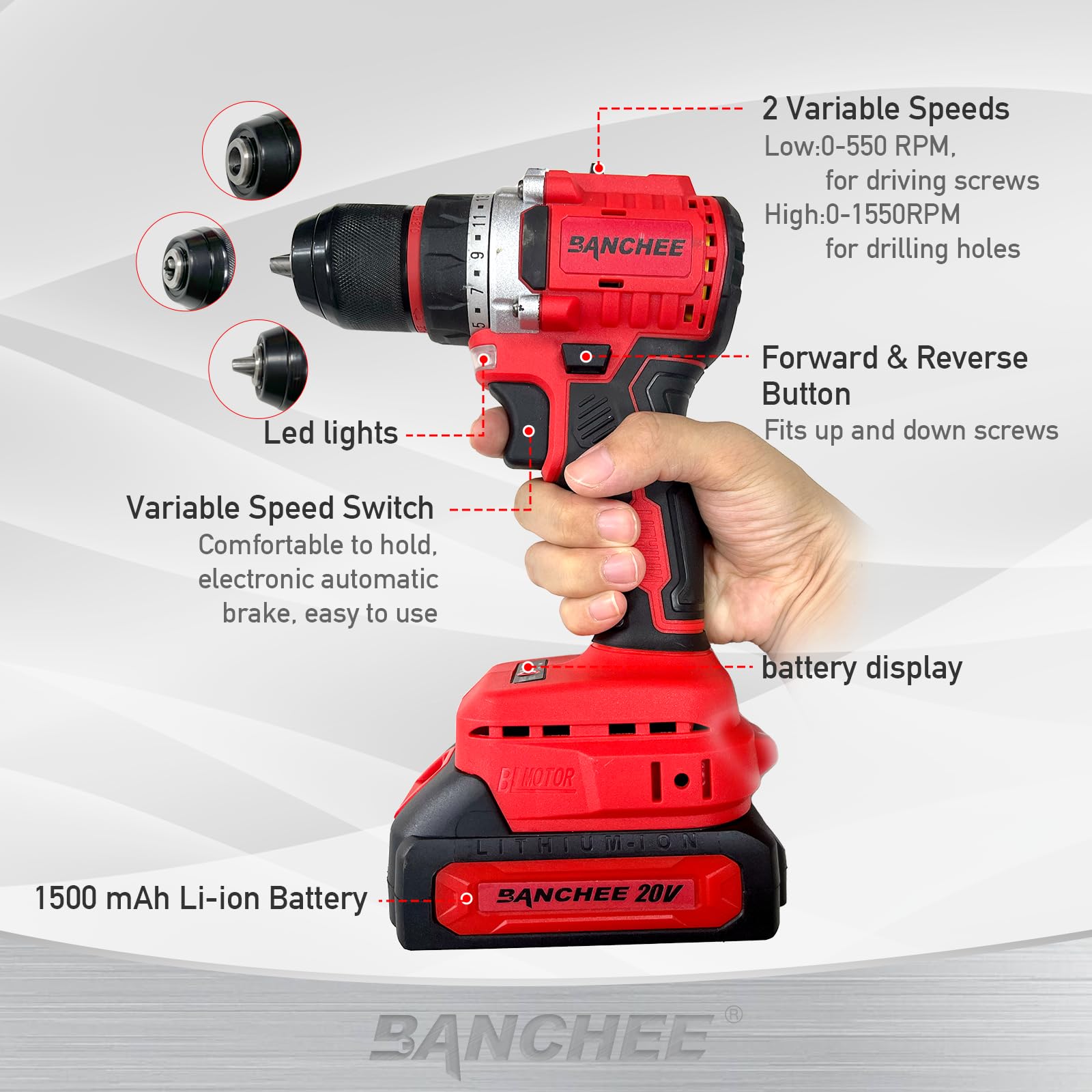 BANCHEE 20V Brushless Cordless Power Drill kit, 3/8 "keyless metal ratchet chuck, 23+1 Torque Settings with 2x1.5Ah Batteries and Charger, 2-Variable Speeds,27 Bit Set