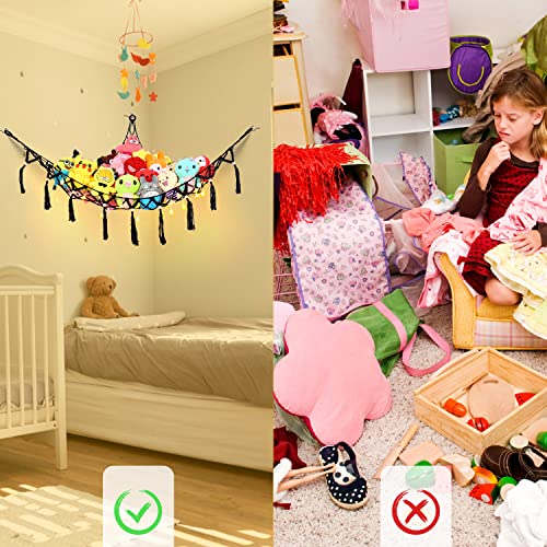 KoHuiJoo Stuffed Animal Net Hammock Macrame Boho Plush Toy Net Hammock for Stuffed Animals with Lights Stuffed Animals Corner Hanging Stuffed Animal Storage Net for Kids Bedroom Black