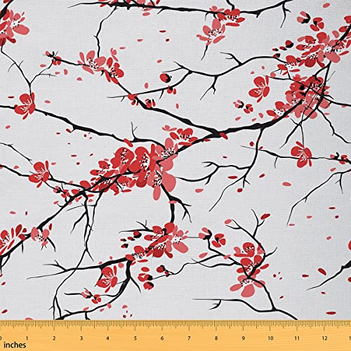 Cherry Blossom Fabric by The Yard, Japanese Style Upholstery Fabric, Romantic Floral Decorative Fabric, Watercolor Flower Branch Fabric, Upholstery and Home Accents, Red Black, 1 Yard