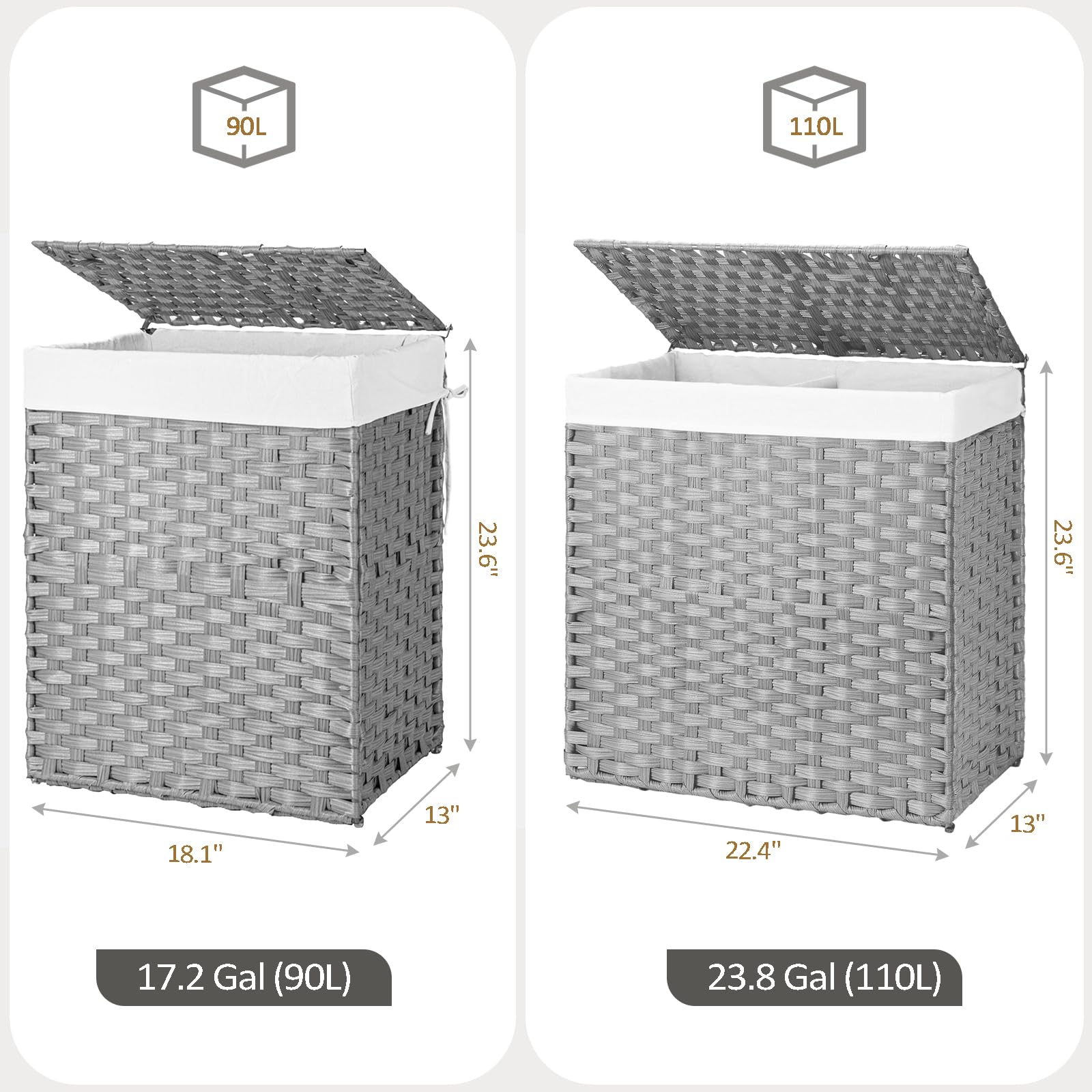 Bellzacasa Laundry Hamper with Lid, 110L Clothes Hamper with Removable Liner Bag Wicker Laundry Basket Laundry Hamper for Bathroom 22.4 x 13 x 23.6 Inches Grey