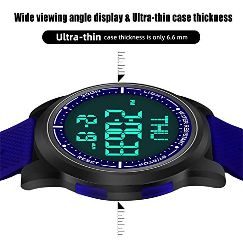 Beeasy Mens Digital Watch Waterproof with Alarm Stopwatch Countdown Timer Dual Time, 12/24 Hours Thin Digital Wrist Watches for Men Women, Blue
