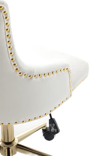 BTEXPERT White PU Leather Golden Base Home Adjustable Tufted Leisure Gold Nail Head Trim Upholstery Bedroom Study Desk Task Accent Arm Tilt Office Chair