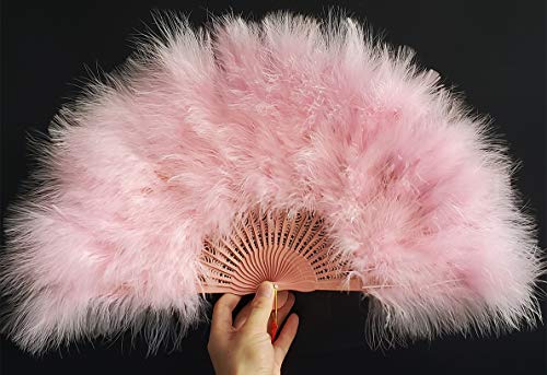HAPPY FEATHER Handheld Marabou Feather Fan, 1920s Vintage Style Flapper Hand Fan for Costume Party and Dancing-Light Pink