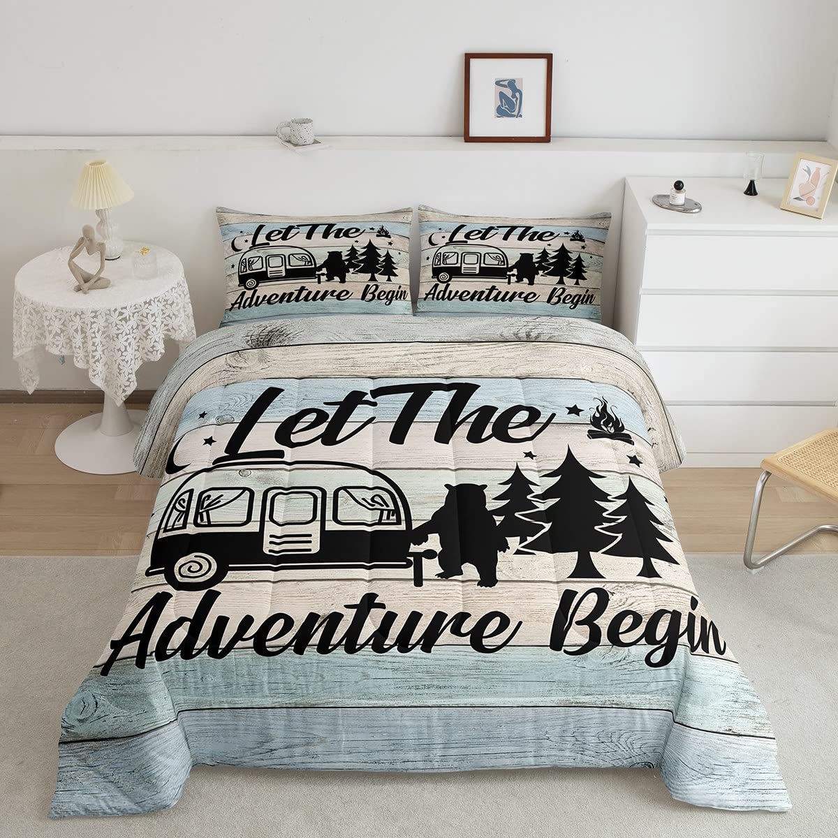 Camper Bedding Queen Happy Camping Comforter,Colorful Stripe Duvet Insert Bear Woodland Adventure Theme Quilt Set,Vintage Farmhouse Bedroom Decor for Kids Boys Girls 3Pcs with 2 Pillowcases Soft Cozy