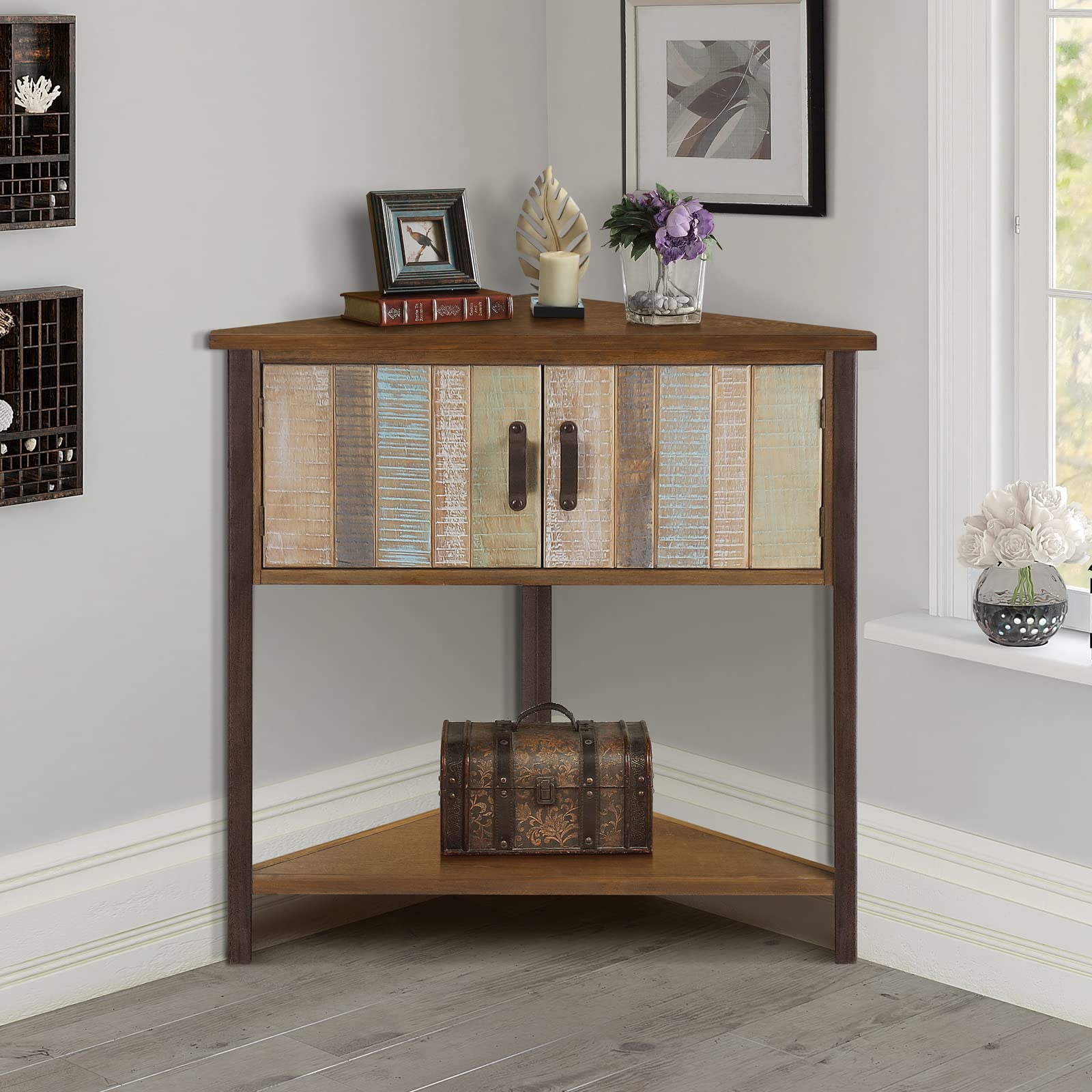 Giofanzo Corner Tables for Living Room, Small Corner Table with Storage Cabinet Table Corner Bar Accent Cabinet with Solid Wood and Metal Frame, Hand-Made Unique Corner Table(Natural Blue)