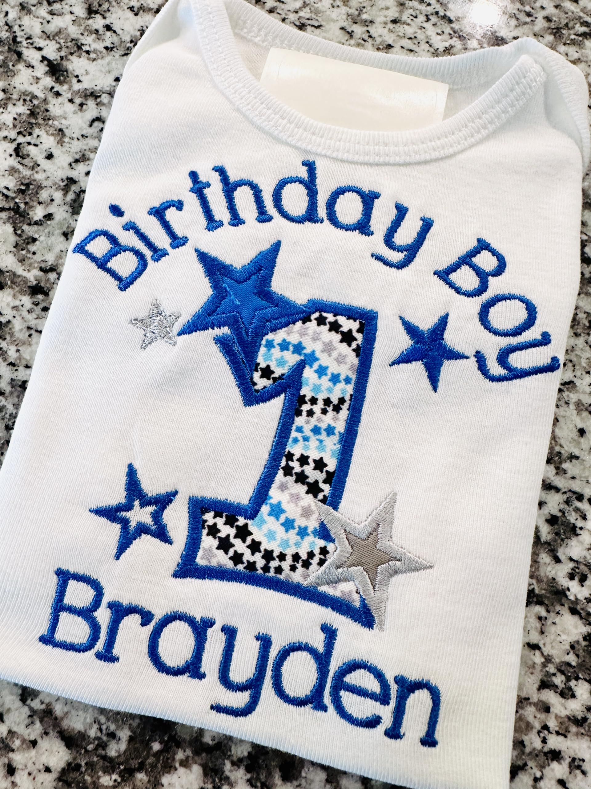 Fantasy Kids Designs First Birthday Boy Outfit Bodysuit Personalized with Custom Name (12 Months Short Sleeve, Royal Blue)