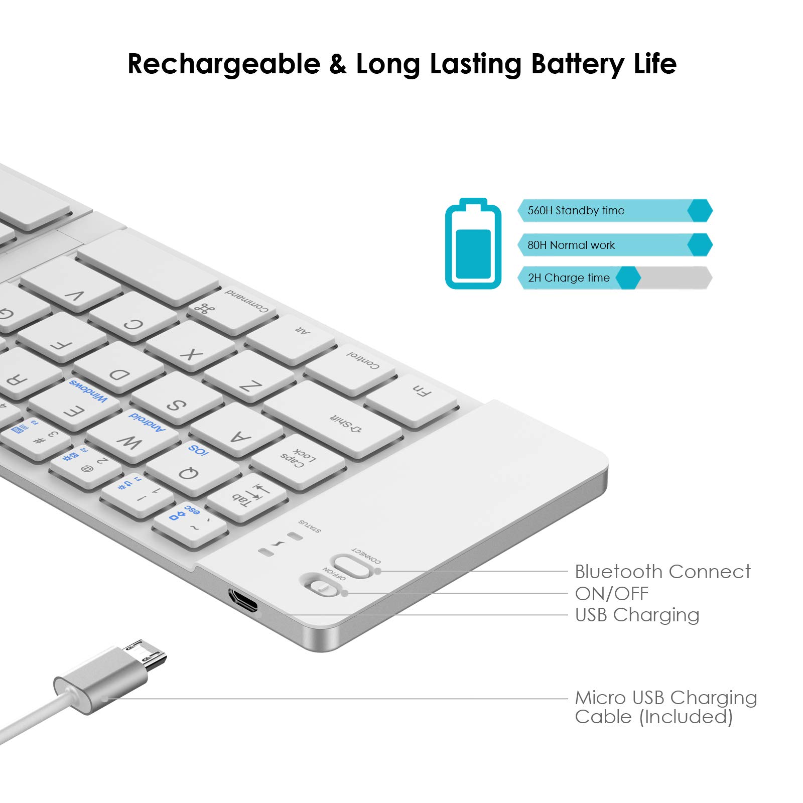 IKOS Folding Bluetooth Wireless Keyboard Slim Pocket Portable Travel Foldable Full Size Keyboard with Stand Holder for iPhone6-13 Max iPad Mini/Pro/Air, iOS Android Windows Laptop Smartphone/Tablet