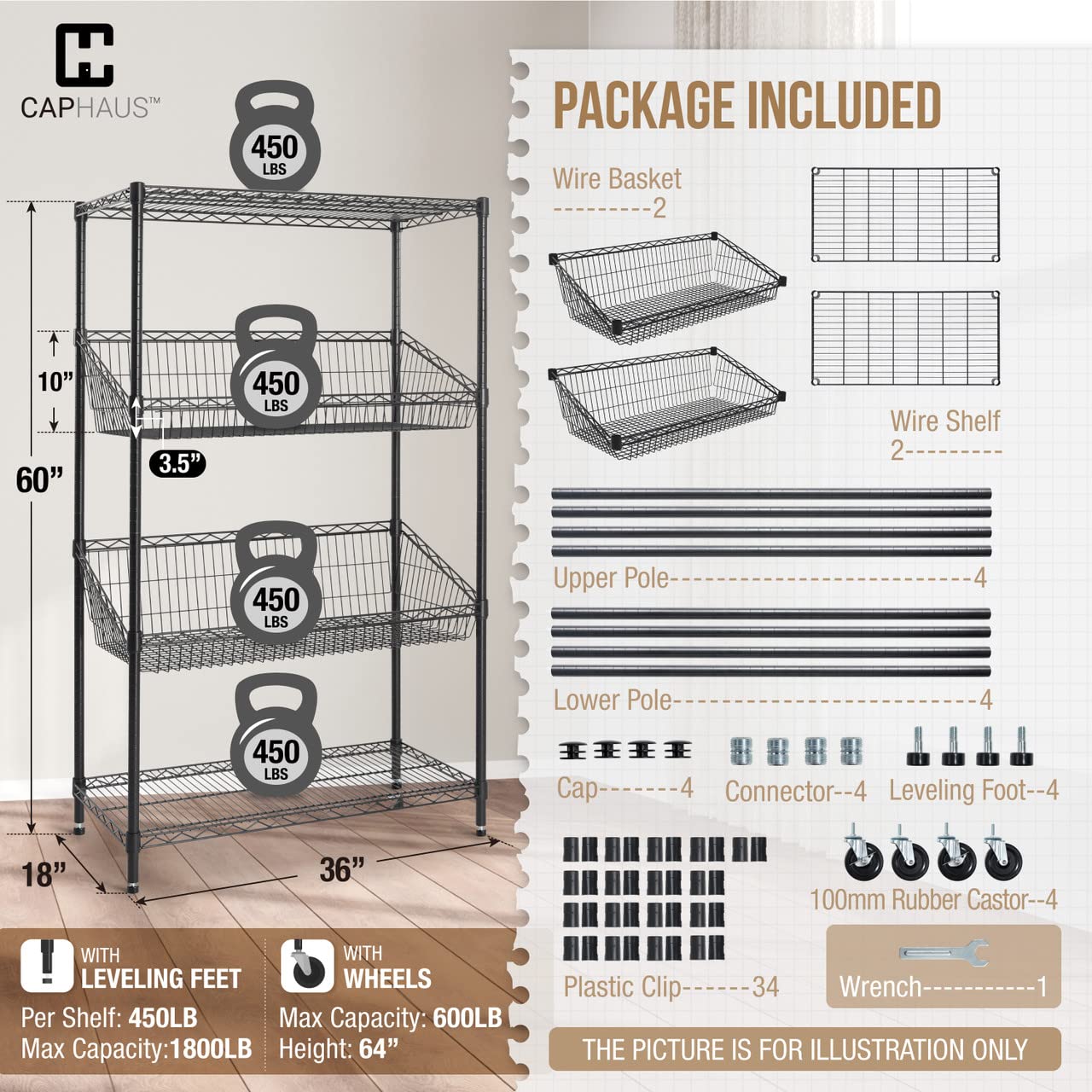 CAPHAUS NSF Commercial Heavy Duty 4 Tier Wire Shelving w/Two Trapezoid Baskets, Wheels, Leveling Feet, Storage Metal Shelf, Basement Garage Shelving Storage, Utility Wire Rack Storage Shelving Black