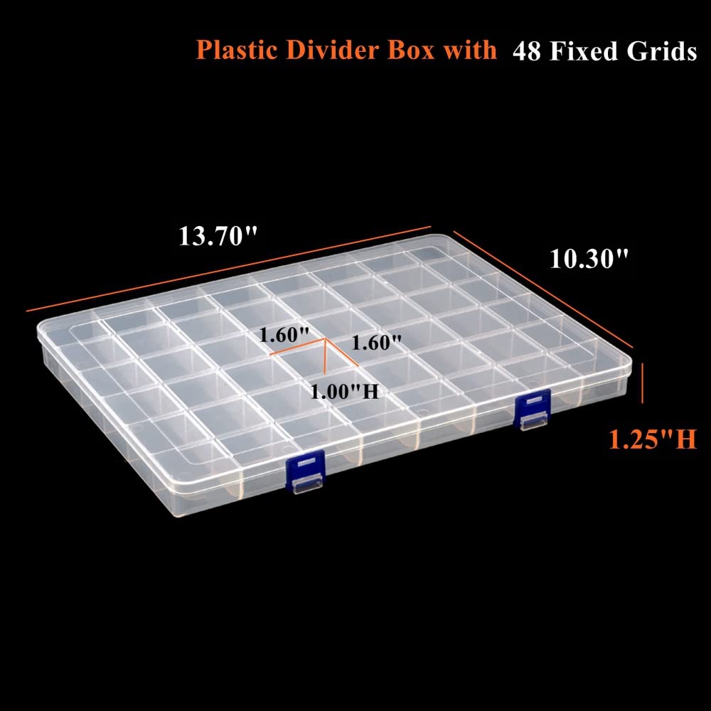 BangQiao 2 Pack Fixed 48 Grids Clear Plastic Divider Storage Box, Transparent Organizer Container Case for Bead, Button, Jewelry, Diamond, Craft, Small Parts, Sewing Kit,DIY Accessories