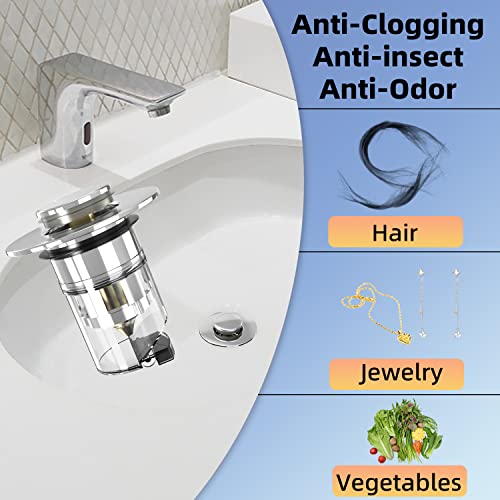 Bathroom Sink Stopper, 3 in 1 Pop Up Kitchen Bathtub Drain Stopper Plug, Sink Strainer for 1.18-1.65", with Shower Drain Hair Catcher Anti-Odor Valve Anti Clogging Bathroom Sink Drain Strainer