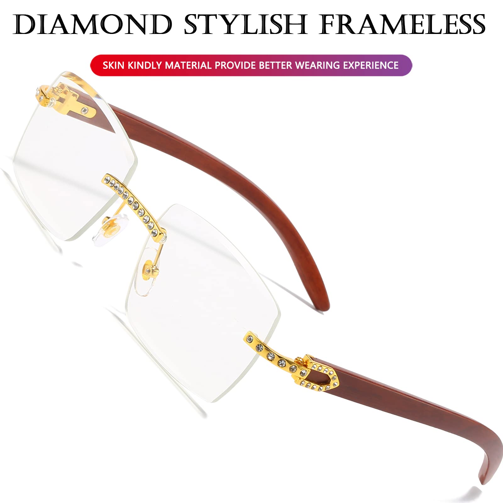 AIEYEZO Vintage Rimless Rectangle Sunglasses Fashion Crystal Diamond Sun Glasses Retro Square Frameless Eyewear (Gold/Transparent)