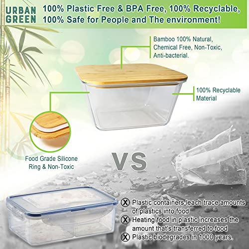 Urban Green Glass Container with Wood Lid, Glass food storage Container with Lids, Glass Meal Prep Containers Set, Glass Containers set (Natural-Bamboo-1p)