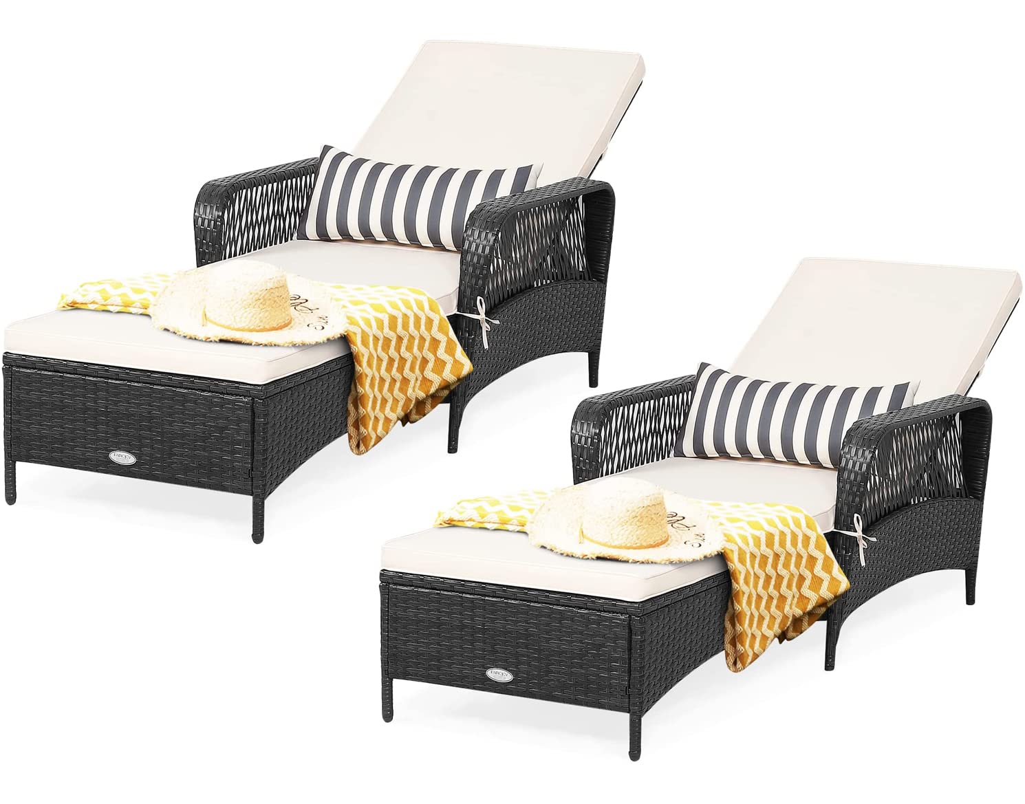 HAPPYGRILL 2 Patio Chaise Lounge Chair Set Outdoor Rattan Wicker Recliner with Thick Cushion, Lumbar Pillow, Adjustable Backrest for Garden Porch Lawn Poolside
