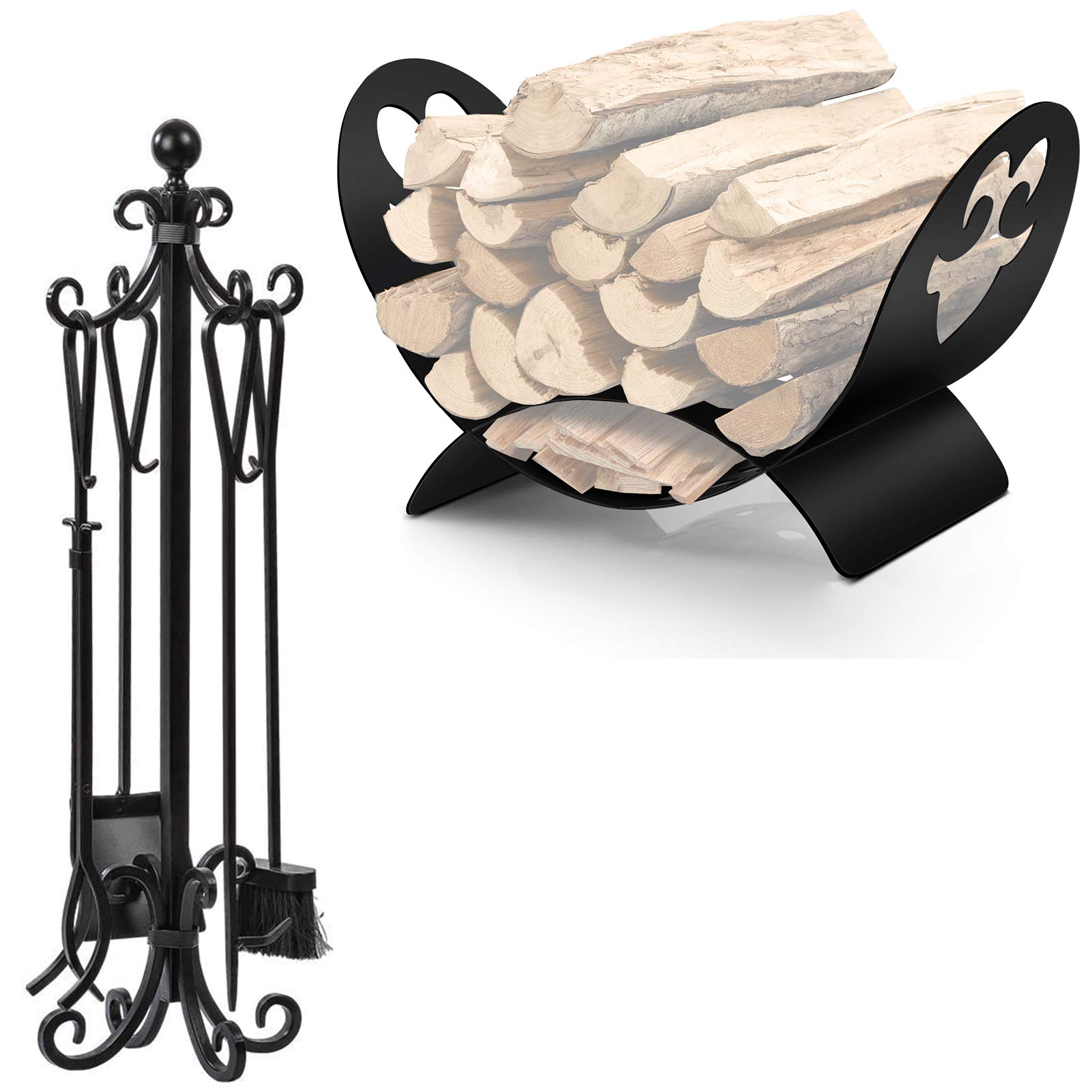 Amagabeli 5 Pieces Scroll Fireplace Tools Bundle Firewood Rack Indoor Carrier Metal