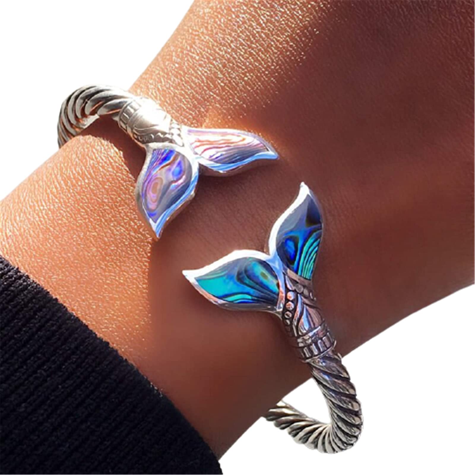 Abalone Shell and Mermaid Tail Bangle Bracelet Adjustable Bangle Open Hand Chain for Women, Birthday Charms, Shiny Finish
