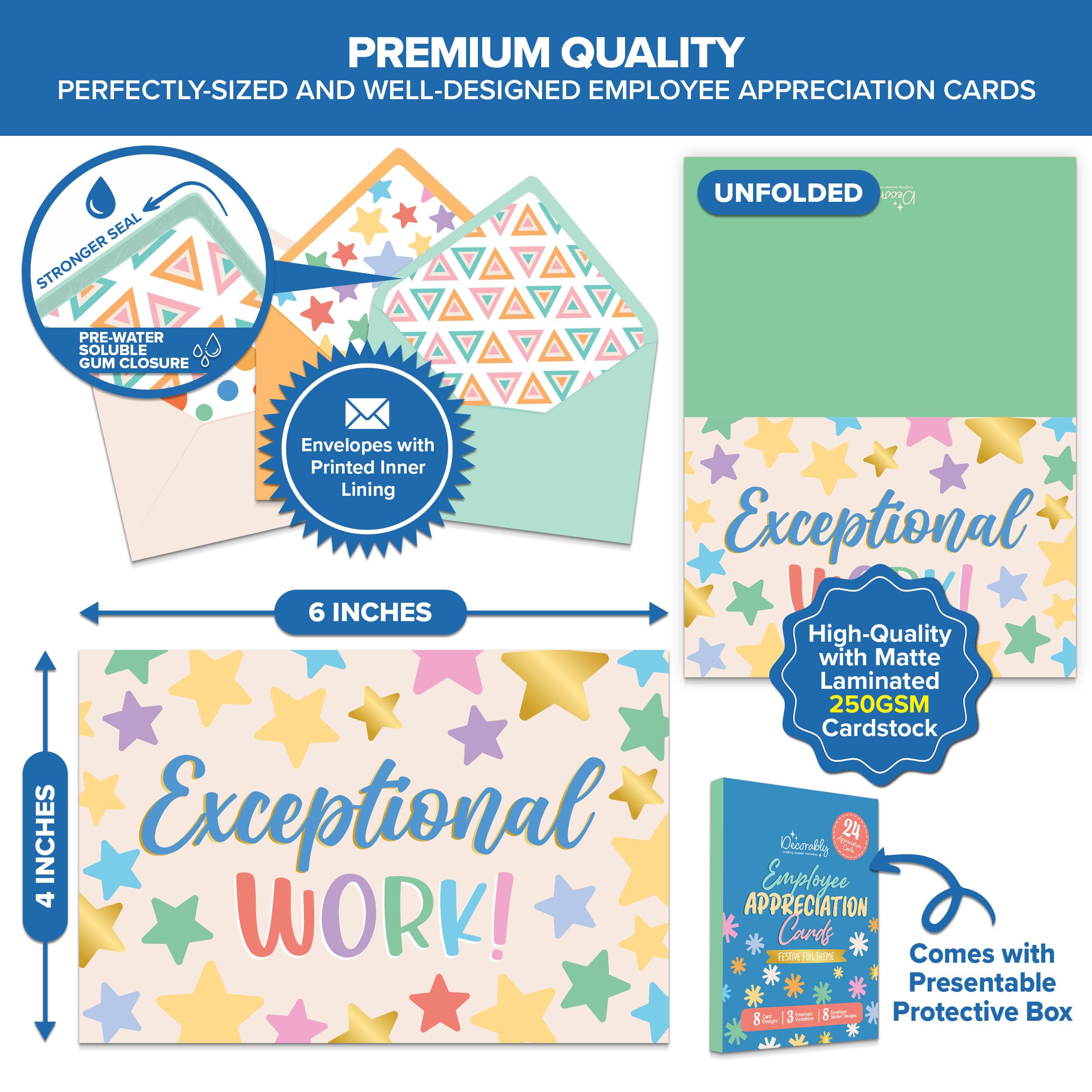 Decorably 24 Pack Gold-Foiled Employee Appreciation Cards with Envelopes & Stickers - 8 Designs Blank Inside Employee Appreciation Card, 6x4in Employee Thank You Cards for Employees Appreciation