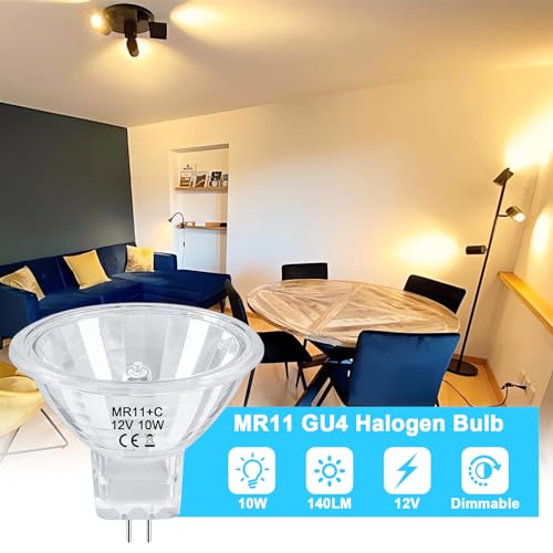 Lacnooe MR11 Halogen Bulb 10W 12V FTD Spotlight Bulb with Long Lifespan,GU4 Bi-Pin Base,Dimmable MR11 Bulbs with Glass Cover for Landscape,Accent,Track Lights,Fiber Optics,2700K Warm White,2 Pack