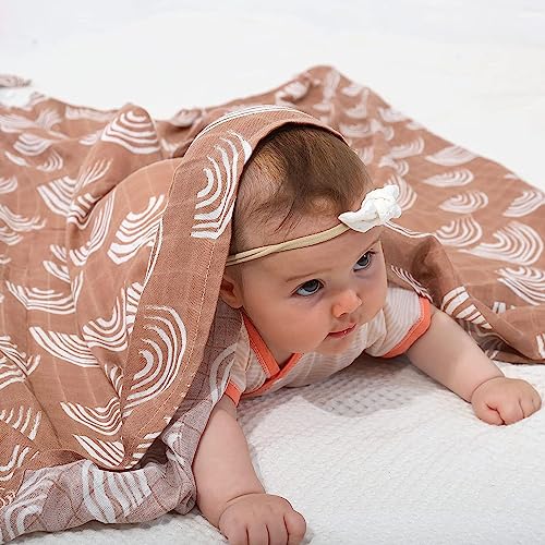 BabyWhale Muslin Swaddle Blanket, Boho Brown Rainbow Pattern Swaddle and Solid Color Swaddle for Newborn Baby Boys & Girls, Unisex Silky Soft Breathable Receiving Swaddle Wrap, 47x47 inches, 2 Pack