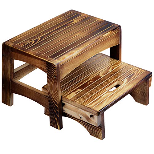 URFORESTIC Handcrafted Solid Wood Bed Step Stool-Foot Stool Kitchen Stools Bed Steps Small Step Ladder Bathroom Stools (Burned)
