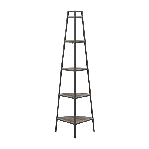 Walker Edison Freya Modern Industrial 5-Shelf Metal and Wood Corner Bookcase, 72 Inch, Grey Wash