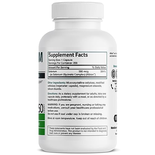 Bronson Selenium 200 mcg โ Yeast Free Chelated Amino Acid Complex - Essential Trace Mineral with Superior Absorption, 250 Vegetarian Capsules