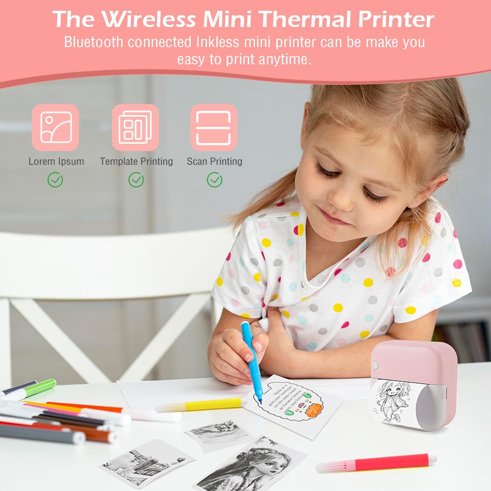 Grednfhat Mini Sticker Printer, Bluetooth Smart Pocket Inkless Thermal Printer with 13 Roll Papers, Portable Mini Printer for Photos Notes Stickers Labels Receipts (Pink)
