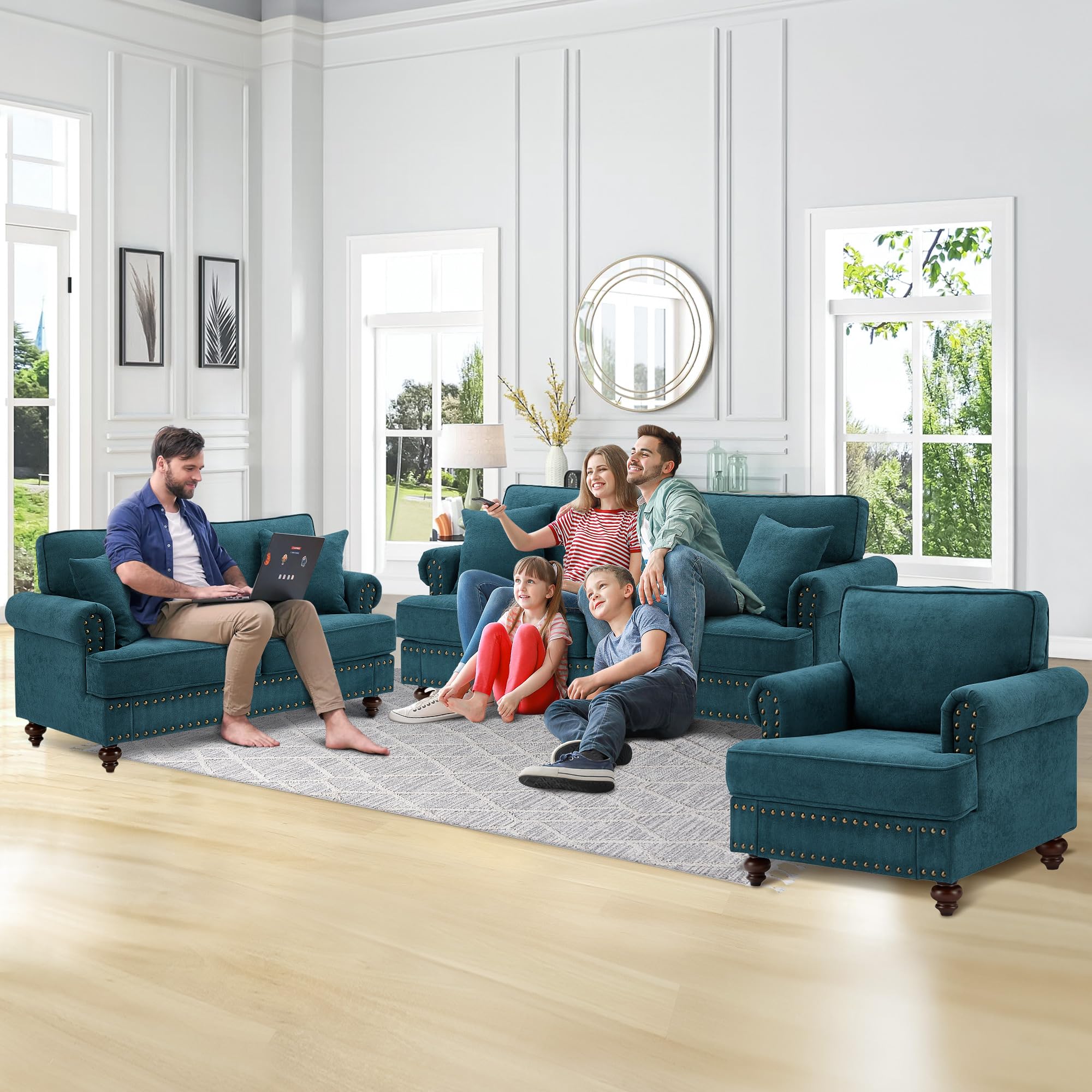 Mid Century Modern Sofa Set, Comfy Chenille Living Room Furniture Sets, Sectional Sofa and Loveseat Set Upholstered Couch Set Nailhead Trim Rolled Arms juegos de muebles de sala (White, 3 Piece)