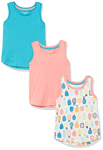 Amazon Essentials Girls' Tank Top, Pack of 3, Aqua Blue/Coral Pink/White Pineapple, Large