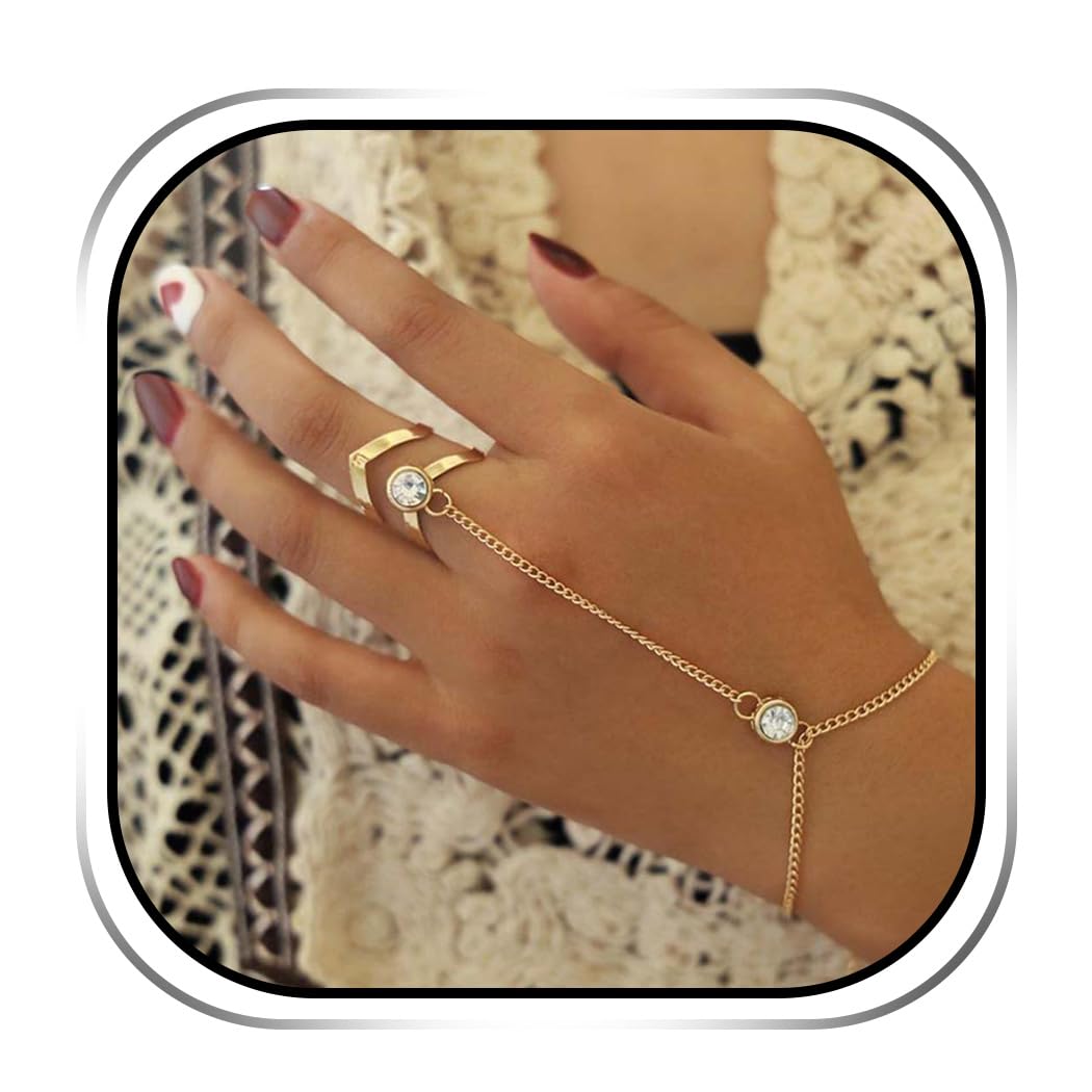 Acedre Boho Crystal Bracelets Gold Hand Harness Bangle Finger Rings Hand Accessories for Women