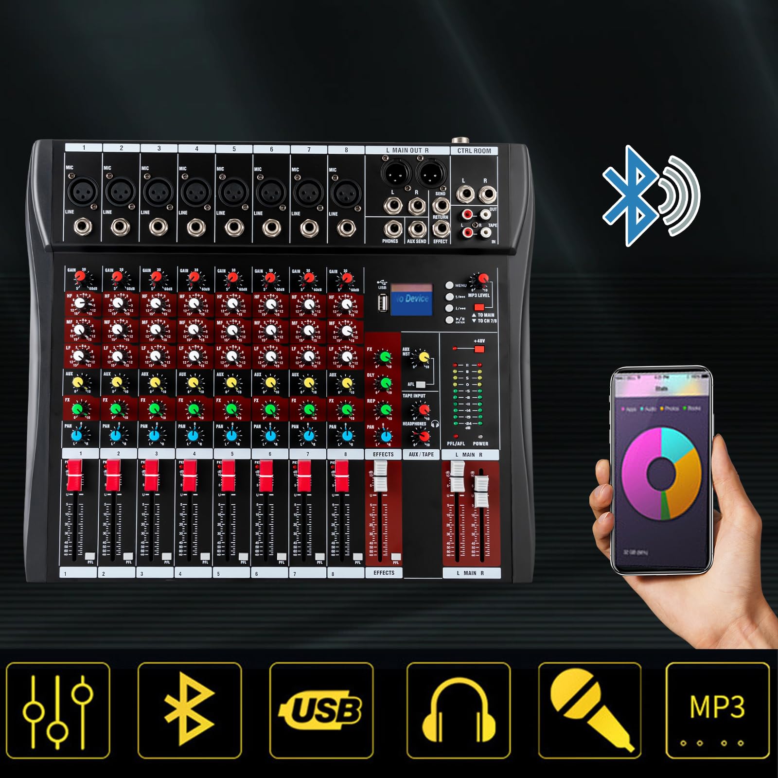 DNYSYSJ Audio Mixer, 8 Channel bluetooth Live Studio Audio Mixer, Professional Audio Mixer, USB Mixing Console, Sound Board Console System DJ Studio