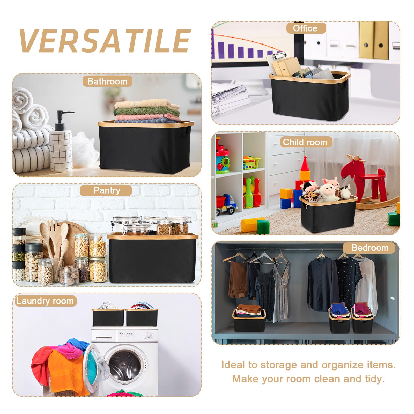 Hushee 4 Pack Black Collapsible Storage Baskets Bins Foldable Fabric Storage Bins with Bamboo Handle for Organizing Shelves Closet Bedroom Blankets Toys Storage Organizer Containers, 15"x10.3"x7.9"