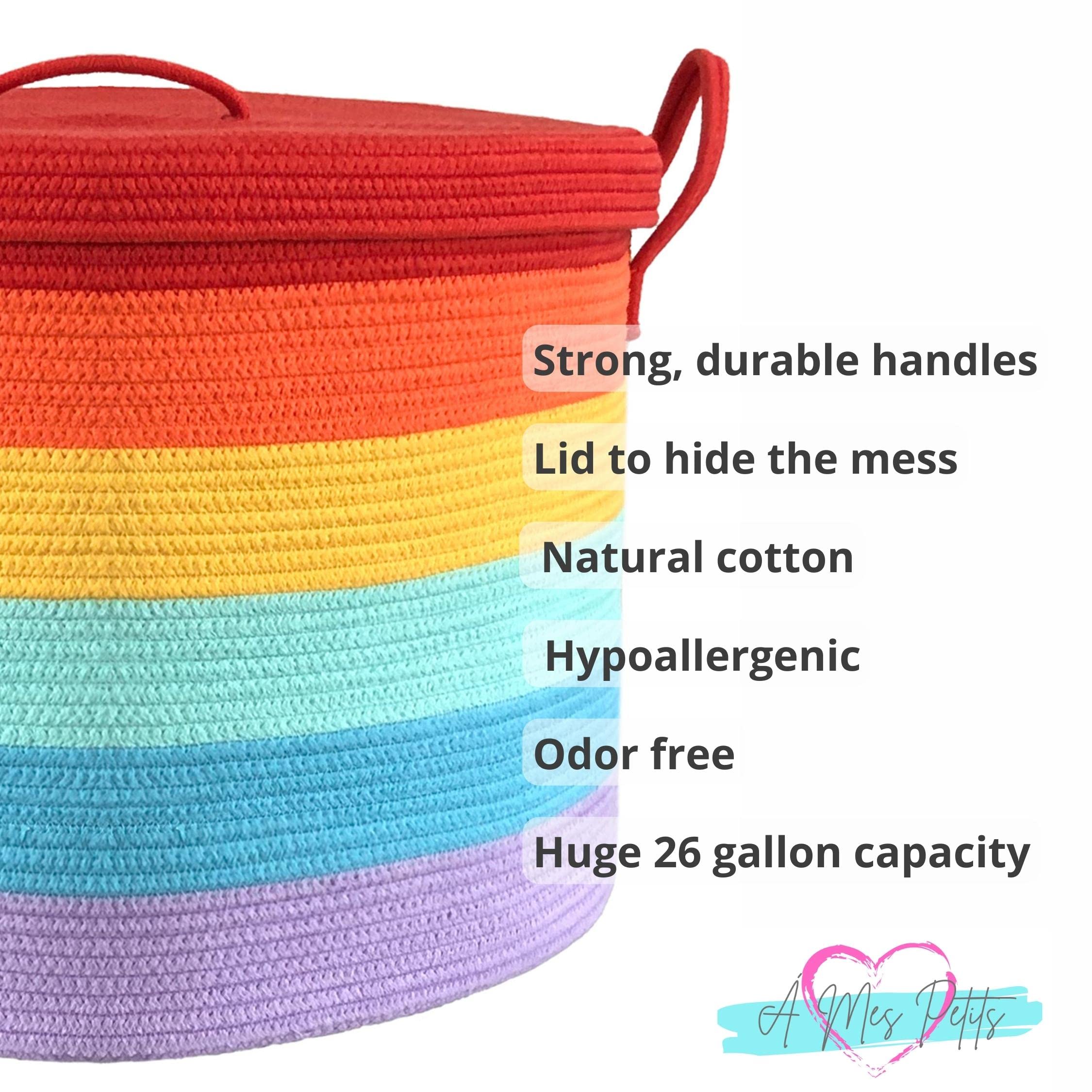 À Mes Petits 22"x16" Rainbow Rope Basket with Lid, Extra Large Rope Basket, Rainbow Basket, Cotton Rope Basket with Lid, Rainbow Decor, Rainbow Classroom Décor, Rainbow Storage