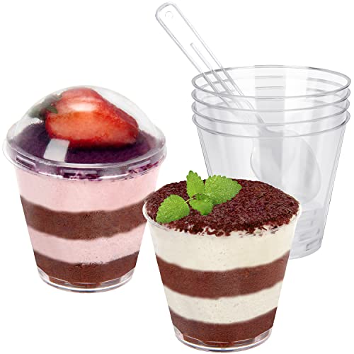 HawHawToys Dessert Cups with Dome Lids and Spoons, 100 Pack 3 OZ Round Mini Plastic Parfait Cups for Party Individual Desserts, Appetizers Serving (3 oz, 100)