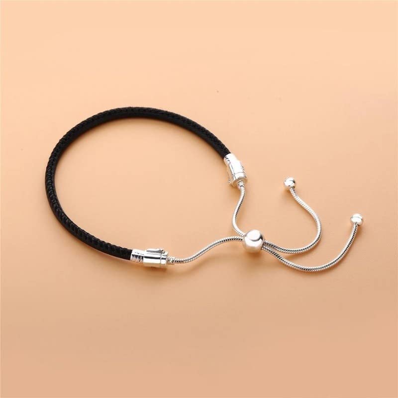 Adjustable European Charm Bracelets 3mm Steel Snake Chain Fits Pandora Beads Pendants & More (Black Leather Sliding Bracelet)