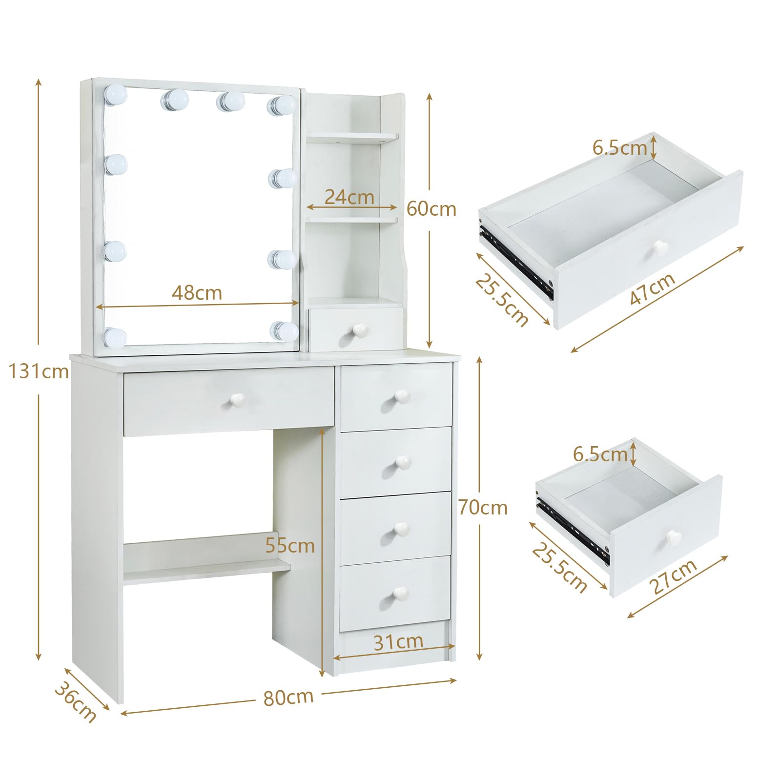 Guanglai Vanity Set with Sliding Mirror and Light, Vanity Dressing Table with 5 Drawers and Open Shelf, 2024 New Makeup Dresser, Vanity Desk with Stool for Christmas Day