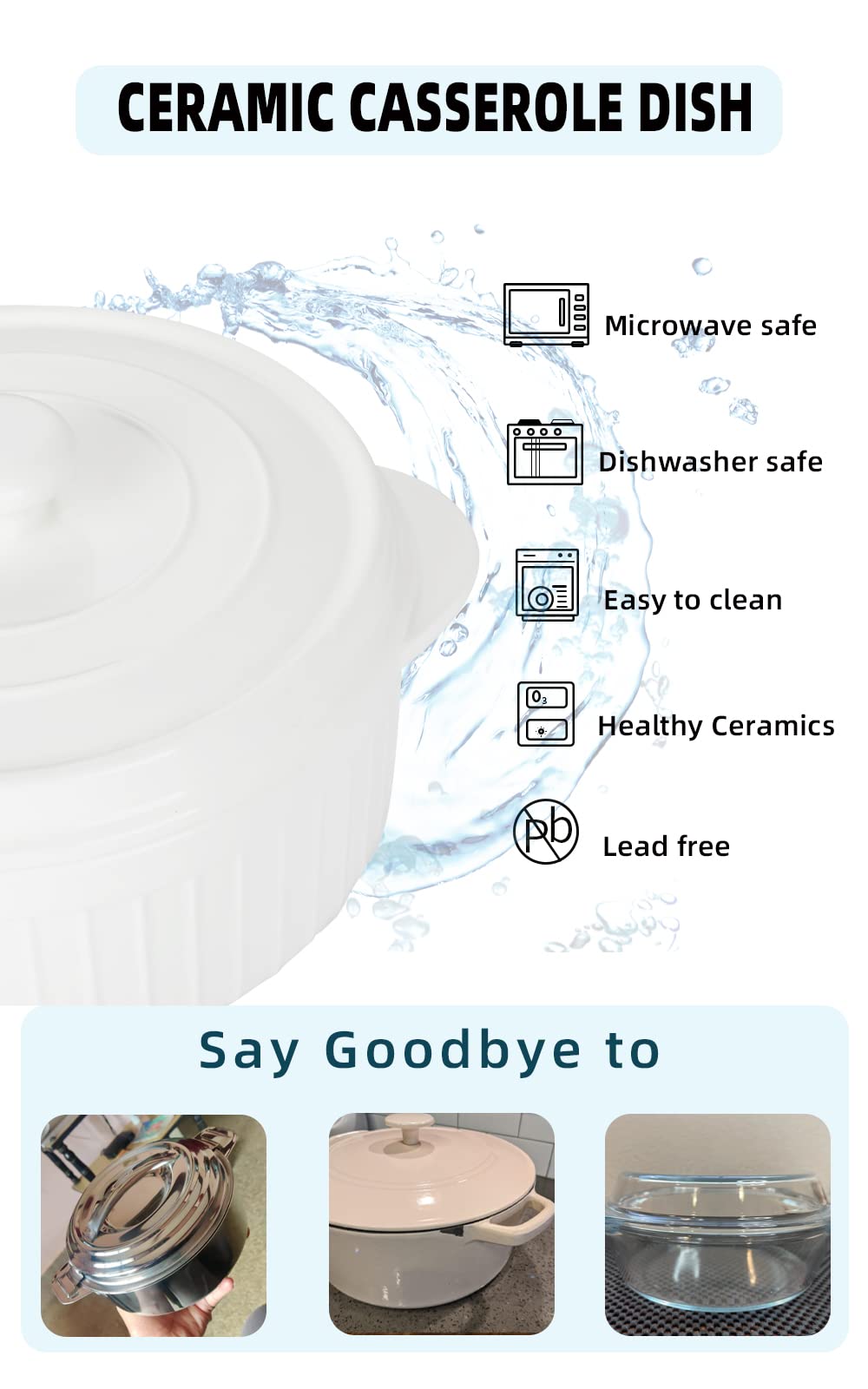 HAOTOP 2-Quart Ceramic Deep Casserole Dish with Lid, Ceramic Baking Dishes, Oven Safe (White)
