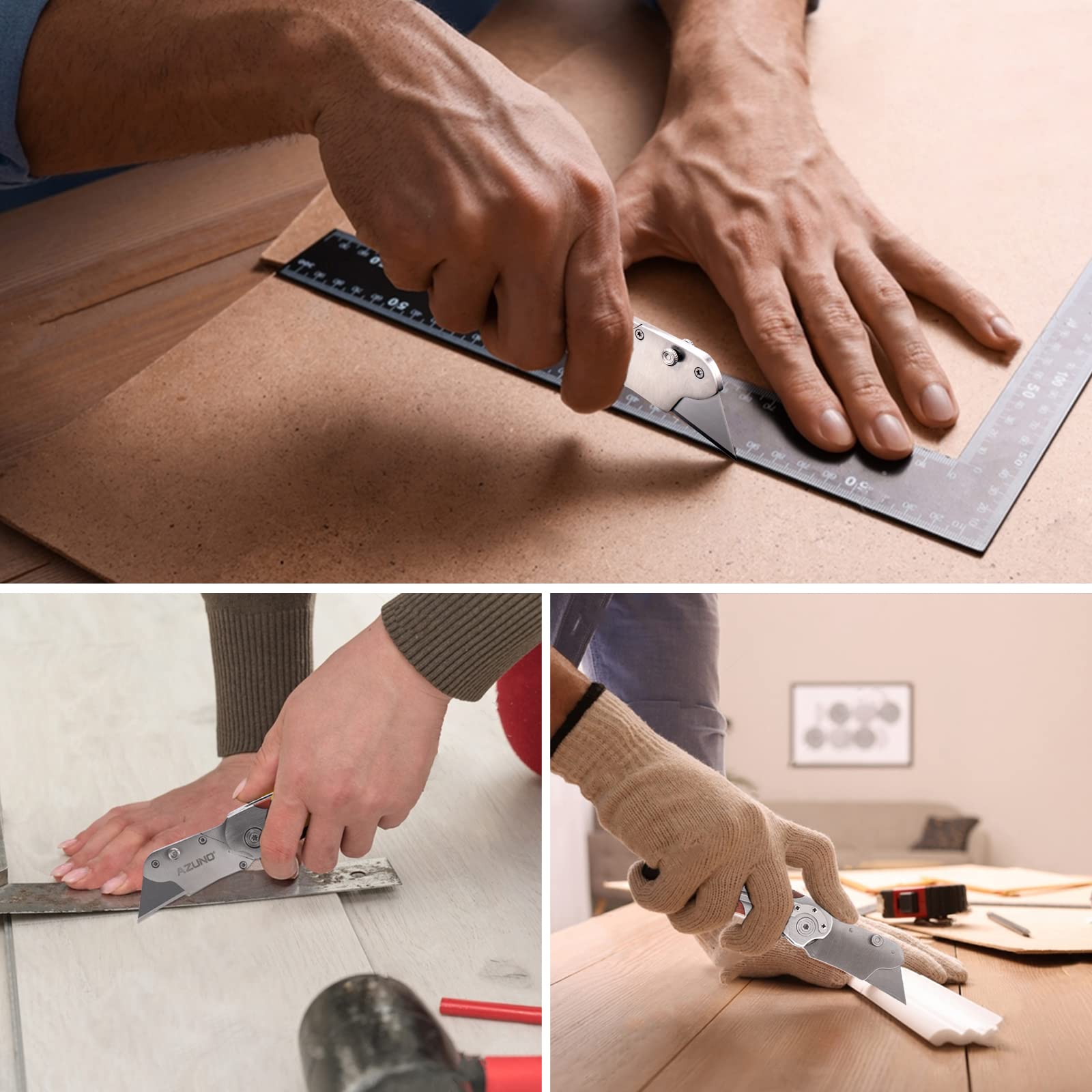 AZUNO Wood Handle Folding Utility Knife with Stainless Steel Head, Quick-change Blade & Back Lock