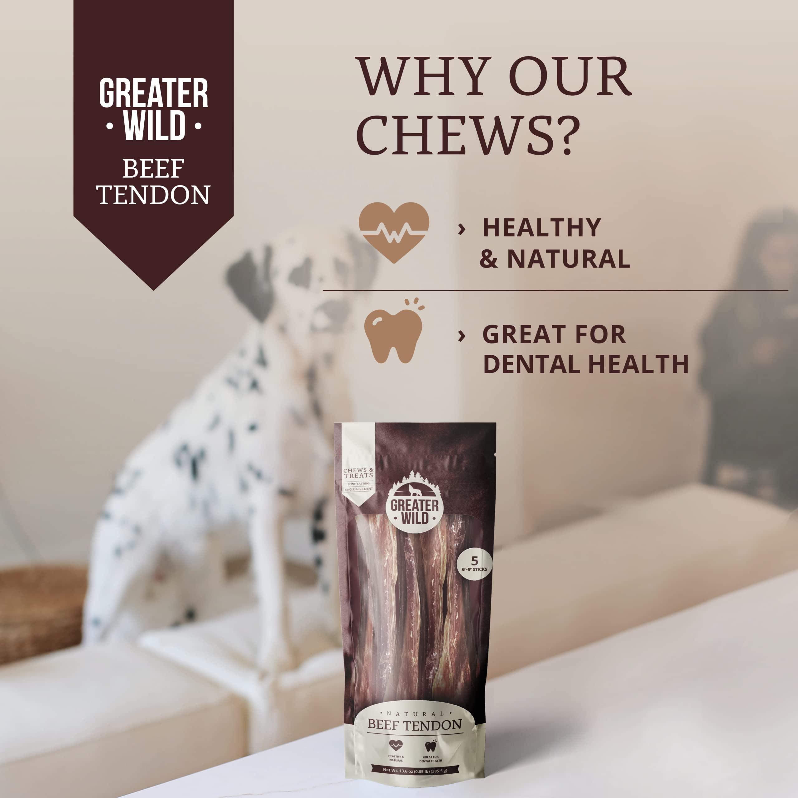GREATER WILD All Natural Ingredient 9"-12" Assorted Beef Tendon Size, Chews & Treats for Dogs - 5 Piece