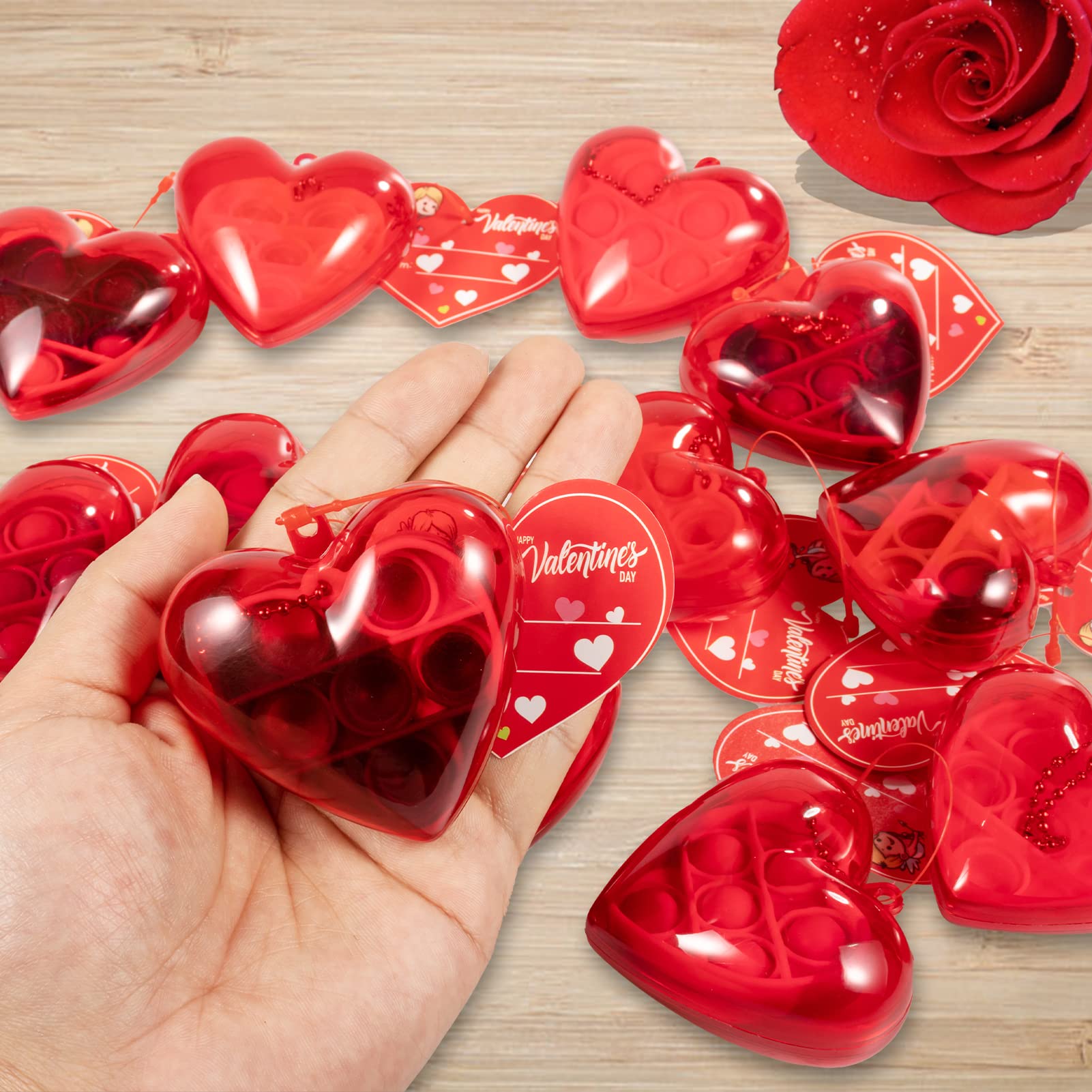 Kids Valentines Gifts Mini Pop Set - 12 Pack Valentine's Day Heart Boxes with Fidget Keychains and Gift Cards for Kids School Class Exchange Gifts Valentines Party Favors