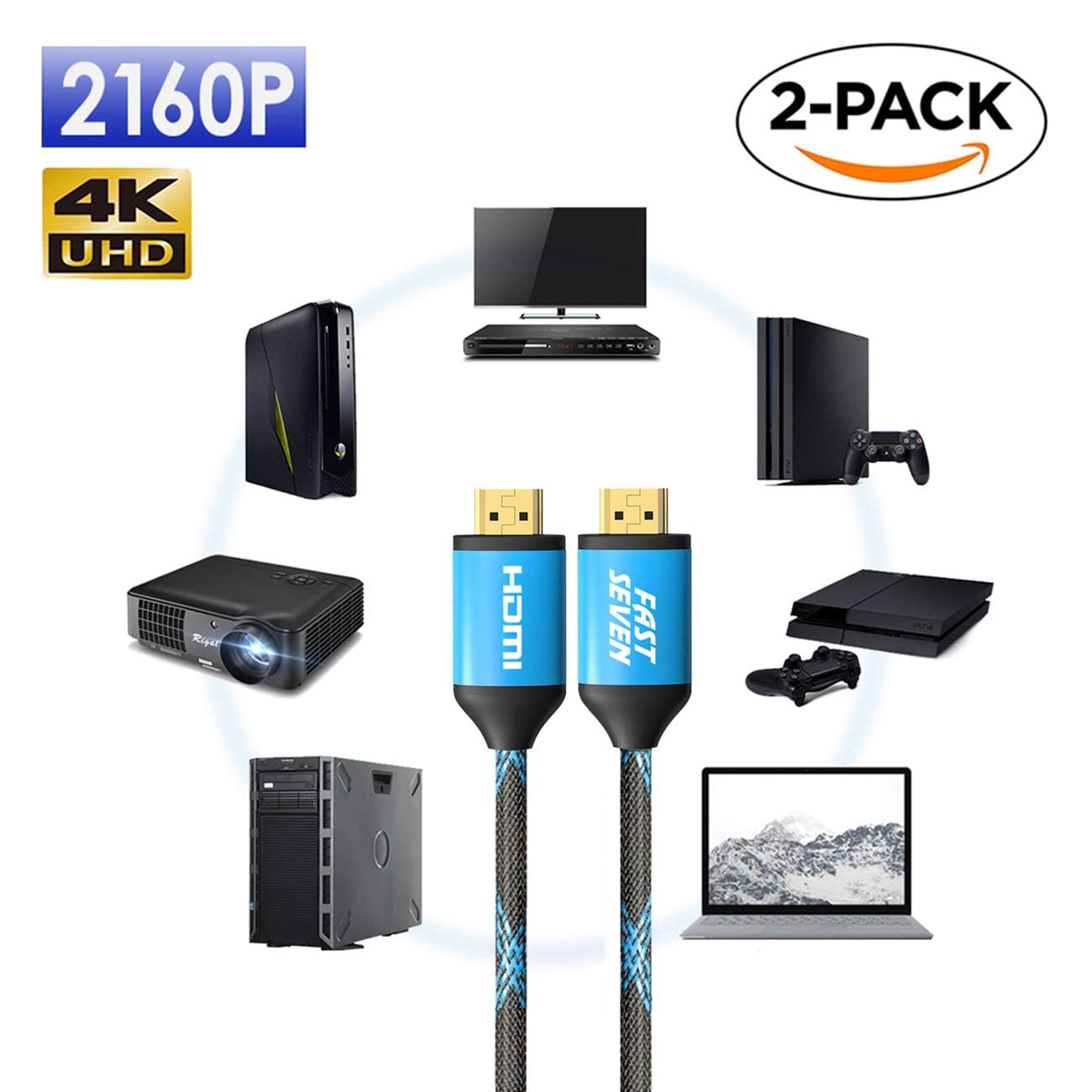 FASTSEVEN 4K HDMI Cable 3ft 2 Pack, High Speed HDMI Cable 2.0, Gold Connectors, 4K @60Hz, UHD, 2160P, 1080P, ARC, HDCP, hdmi to hdmi, for Laptop, Monitor, Projector, PS4, PS5, Xbox, Apple TV & More