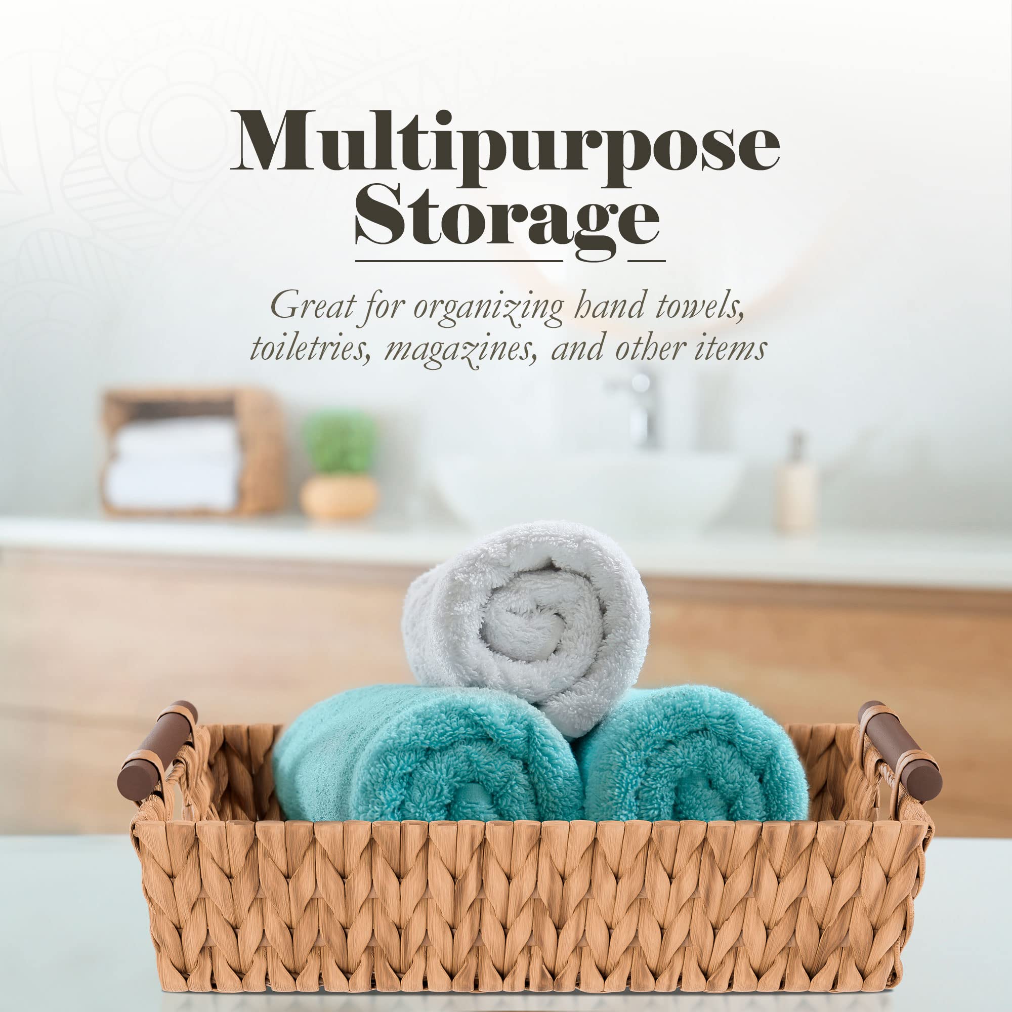 American Atelier Water Hyacinth Wicker Basket with Handles | Rectangular Woven Wicker Storage Baskets with Built-in Carry Handles | Laundry Storage or Pantry Bin | Natural Weave