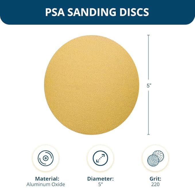 Benchmark Abrasives PSA Gold 5 Inch Self Adhesive Sanding Discs w/Aluminum Oxide Grains DA Sandpaper - 5 Inch Sanding Discs Roll - Surface Blending, Automotive, Orbital Sanders (100 Discs), 220 Grit