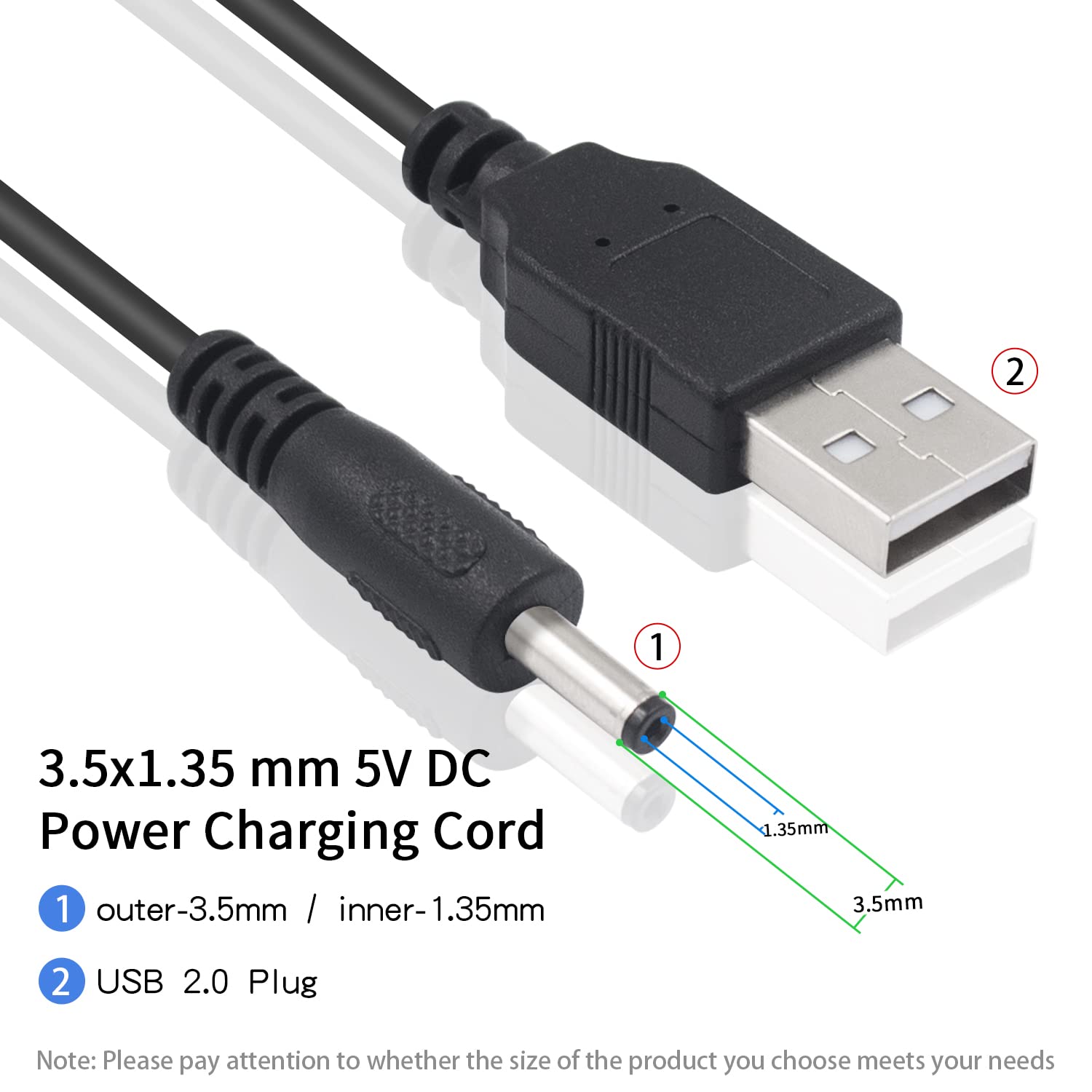 Duttek USB to DC Cable, 3.5x1.35 mm 5V DC Power Charging Cord, Electronics Barrel Jack Plugs USB 2.0 A Male to DC 3.5mm x 1.35mm Male Adapter Converter Cable(10 inch / 25cm)