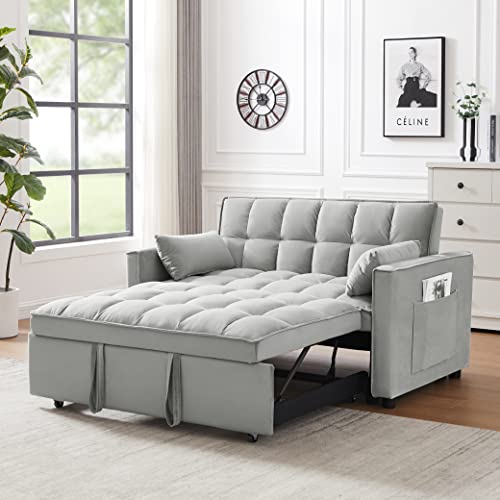 DHHU 52" Sleeper Couch Convertible Sofa Bed, 3 in 1 Velvet Loveseat Pull Out Bed, Reversible Couch with Toss Pillows and Pockets, 2-Seat Adjustable Backrest Full Size Sofa for Living Room Furniture
