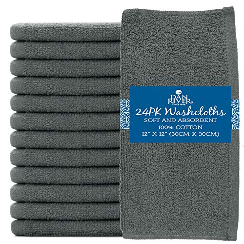 DAN RIVER 100% Cotton Washcloths 24 Pack Premium Quality Face and Body Cloth, Quick Dry and Highly Absorbent Essential Towels for Bathroom, Hand, Kitchen and Cleaning | 12x12 in | 400 GSM (Gray)