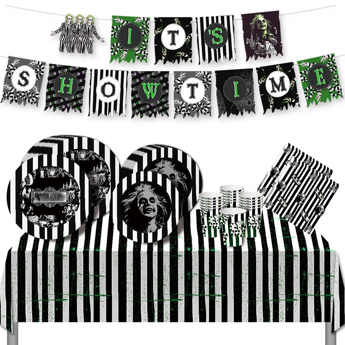 CAILESS Horror Birthday Decorations - Horror Party Supplies 70 Piece Classic Horror Themed Plate Cup Napkins and Stripe Tablecloth Service 16 Guests for Halloween Party Decorations
