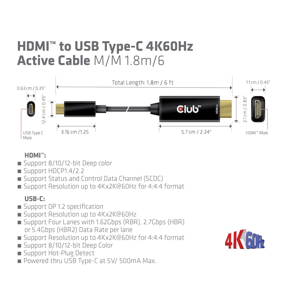 Club 3D CAC-1334 HDMI 2.0 to USB Type C 4K60Hz M/M Active Cable 1.8m-6ft