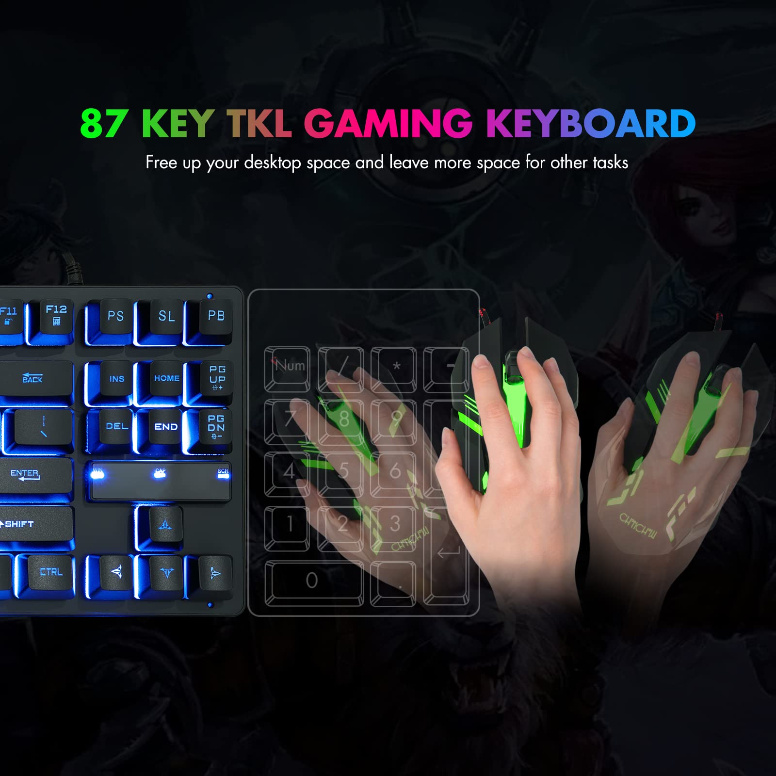 CHONCHOW White Rainbow LED , USB Wired Small Compact White Gaming Keyboard with Rainbow Backlight, 87-Key Mechanical Feeling for PC Laptop Xbox PS4 PS5