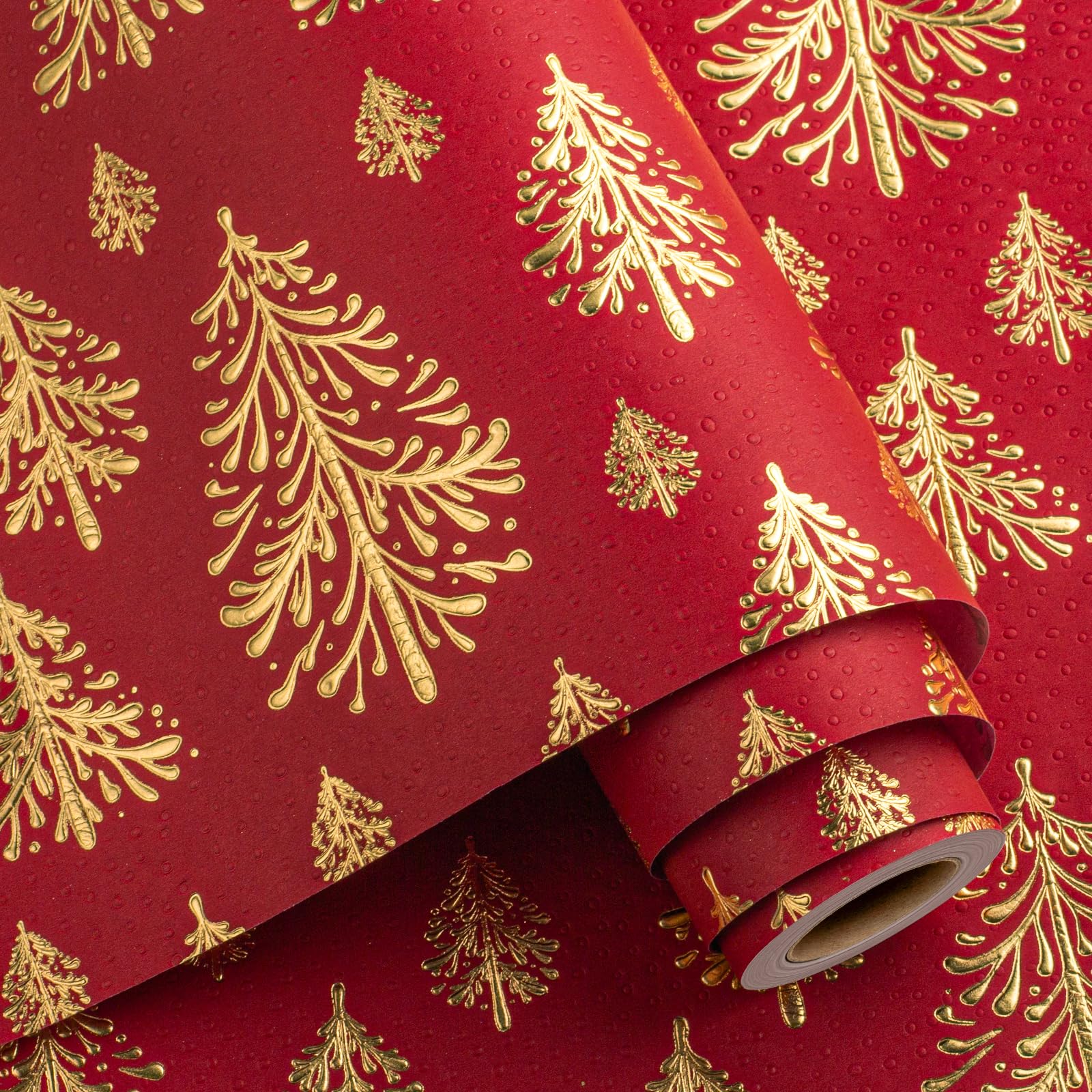 Flyhill Kraft Christmas Wrapping Paper-17inch*32.8ft(46.8sq.ft.ttl Per Roll- Red and Gold 3D Embossed Foil Christmas Trees Design for New Year,Birthday,Party,Craft & Art