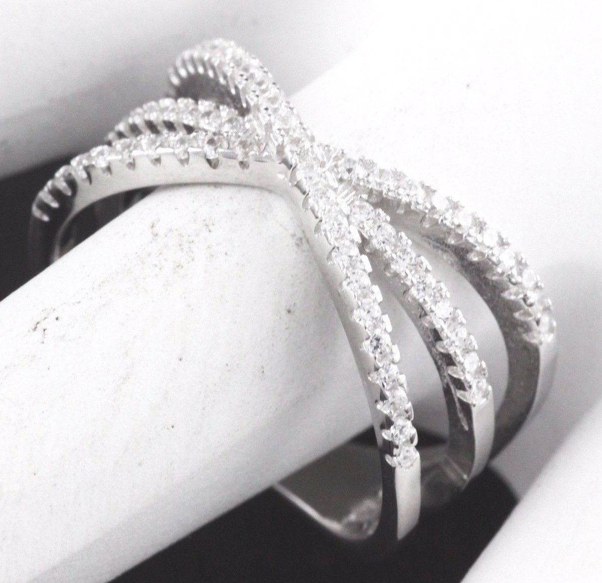 925 Sterling Silver Triple X Crisscross Ring micro pave Clear CZ accent Ring, Size-10